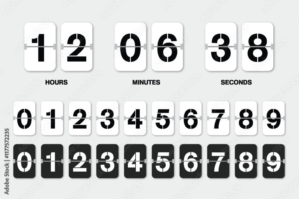 Clock flip countdown display. Set numbers flip watch. Black and white ...