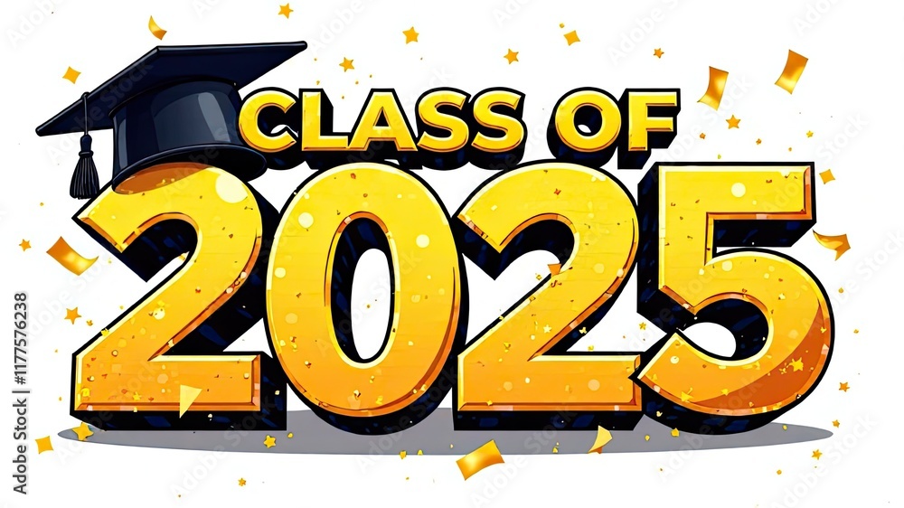 Gold-black text "Class of 2025" with graduation hat with tessel and ...