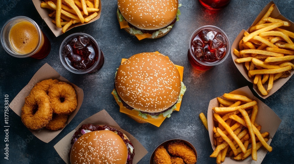 Fast food delivery menu background with various burgers, cheeseburger ...