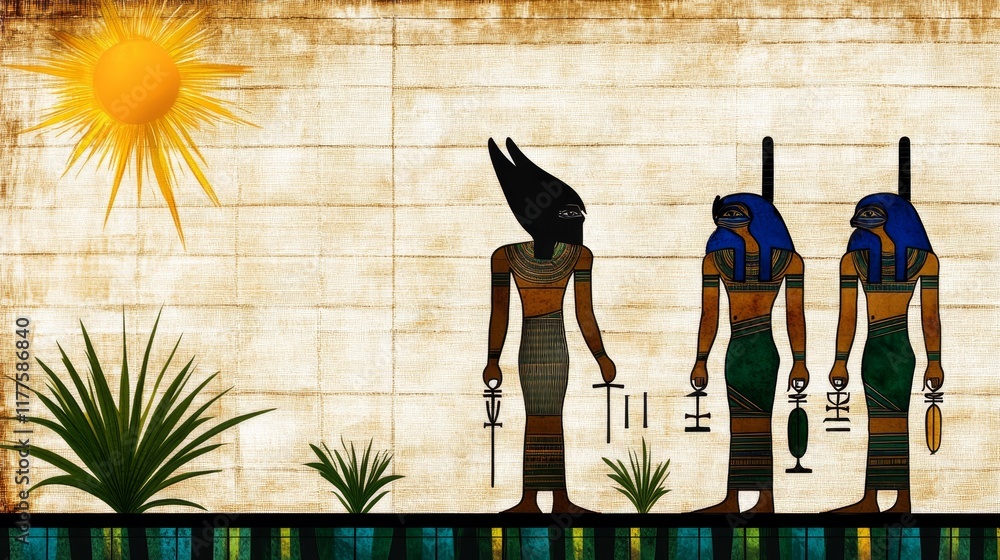 Ancient Egyptian Gods on Papyrus - Ancient Egyptian sun god, papyrus ...