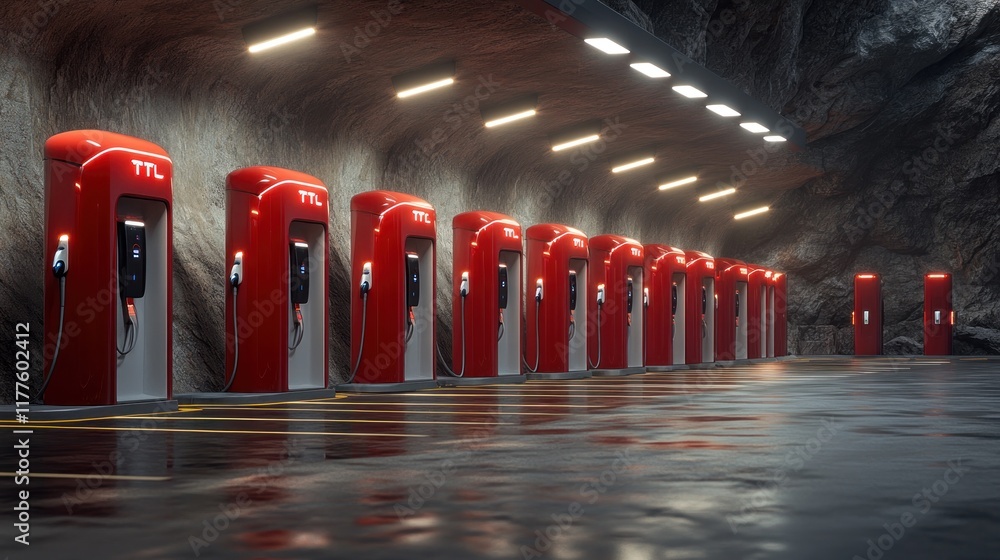 Underground electric vehicle charging station with red charging pods in ...