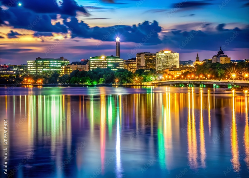 Night View of Potomac River, Kennedy Center & Georgetown Skyline Stock ...