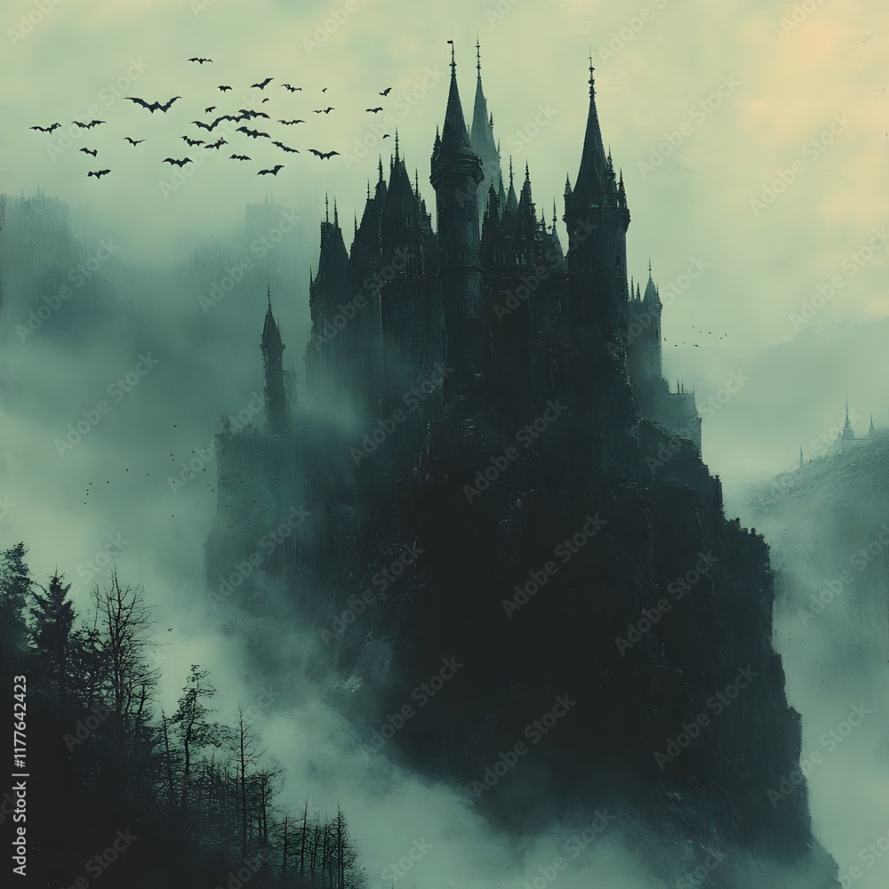 Brooding Gothic Castle Enshrouded in Misty Haunting Ambiance with ...