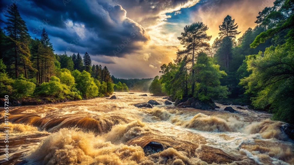 Raging River Flood: Abandoned Forest Zoom In, Strong Current Stock Illustration | Adobe Stock