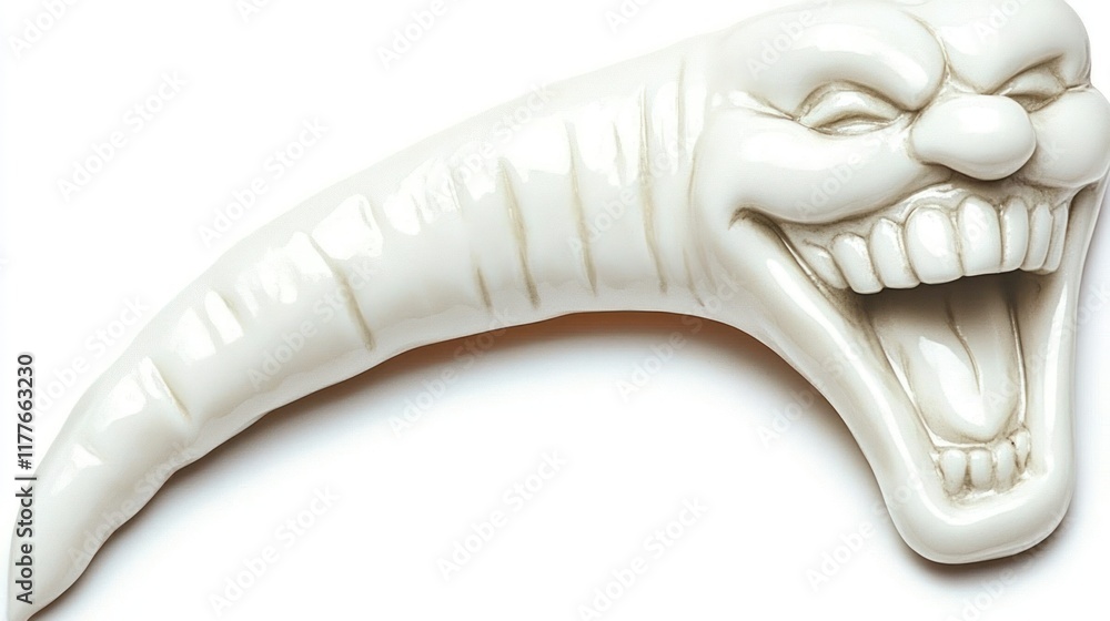 Whimsical, ceramic, grotesque, laughing face, shaped like a long ...