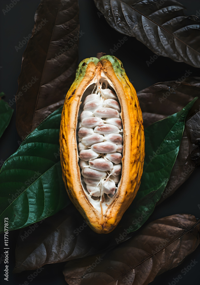 A high-resolution top-down view of a freshly opened cacao pod ...