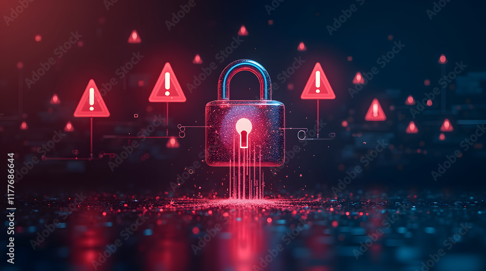 A security breach concept: glowing warning signs and data streams ...
