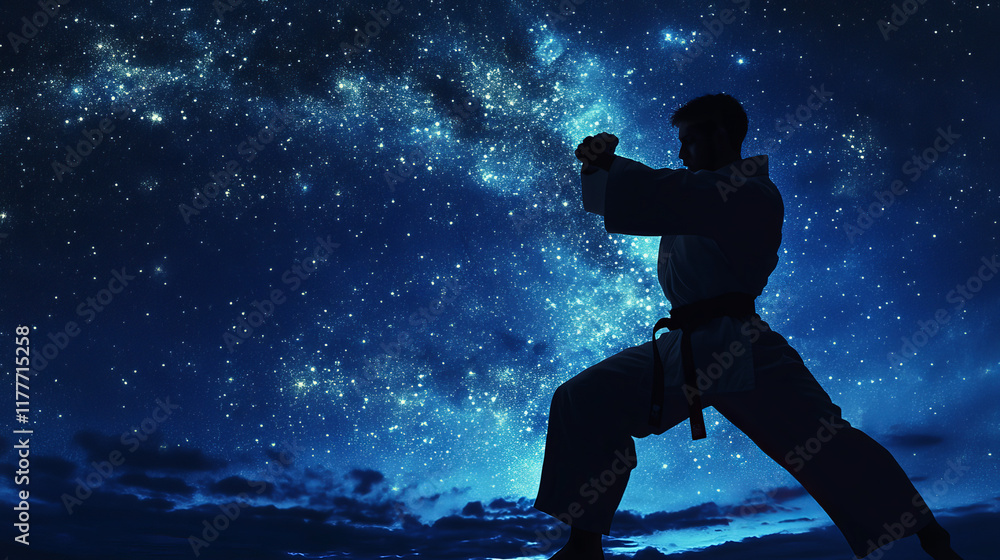 Karate. A grid of blue stars in the night sky. Points of light create ...