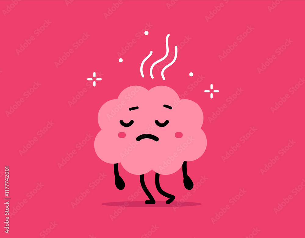 Vector cartoon illustration of cute stress overwork unhappy brain ...