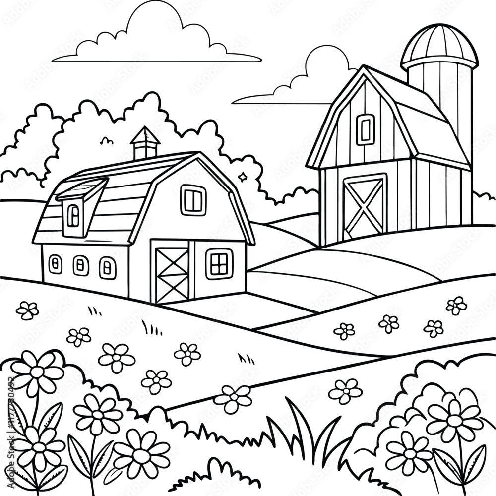 Farm house, barn house coloring page for kids. Summer landscape vector ...
