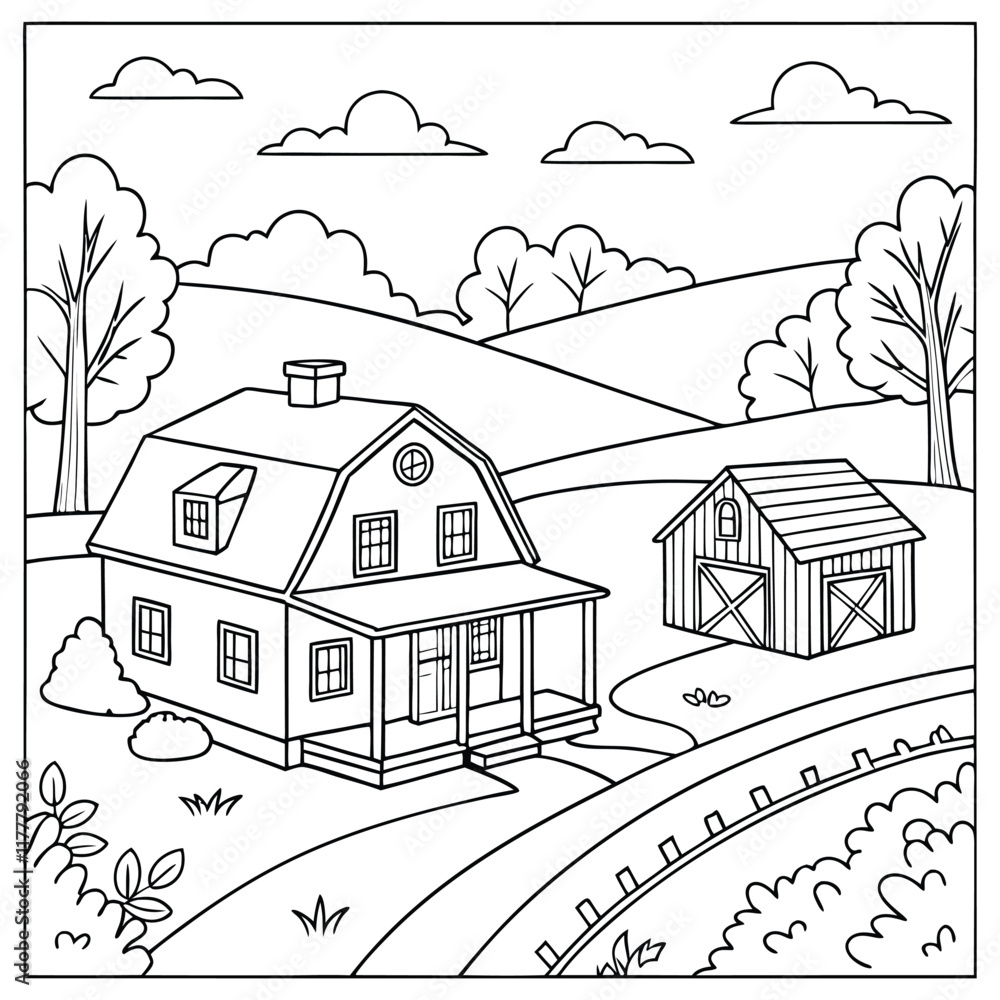 Farm house, barn house coloring page for kids. Summer landscape vector ...