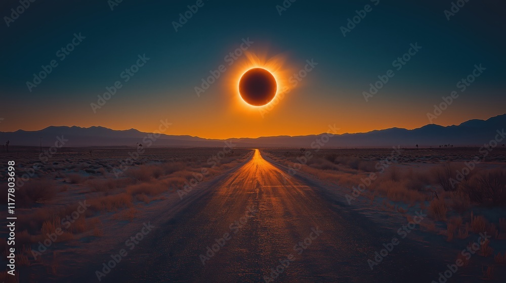 Solar eclipse illuminates an empty desert road under a dramatic ...