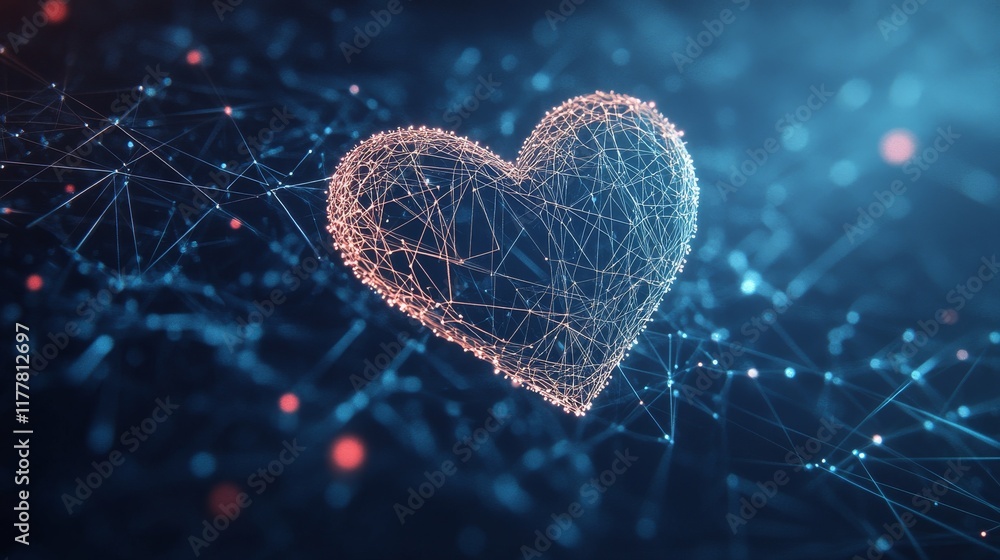 Glowing heart shape formed by network nodes symbolizing love and ...
