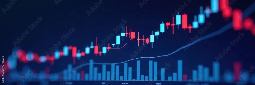 Uptrend line candlestick graph on blue screen with financial chart ...