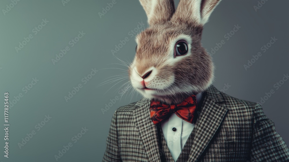 Rabbit dressed in a suit and bow tie poses against a plain background ...