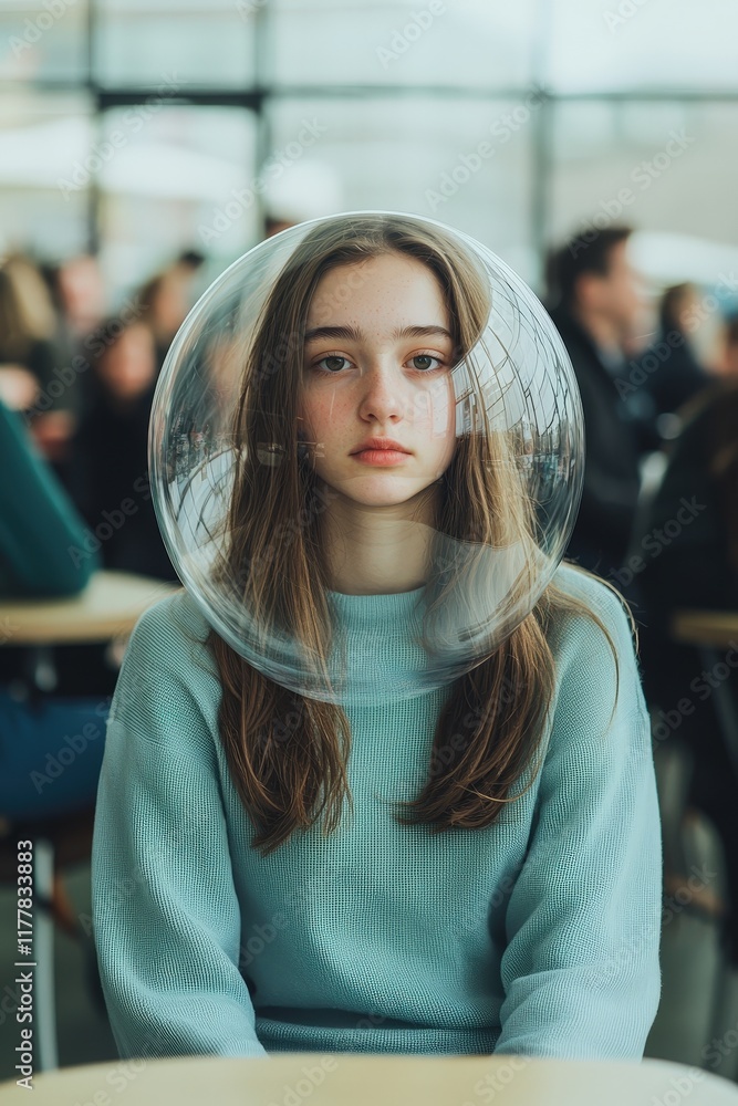 Young woman with a transparent bubble around her head, sitting in a ...