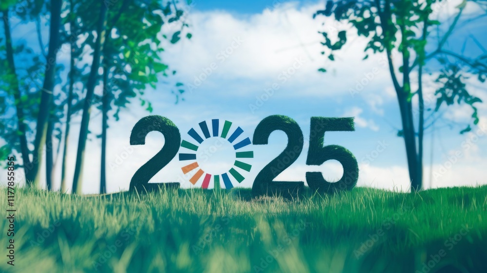 Sustainable Environment Development Goals, 2025 symbol on green grass ...