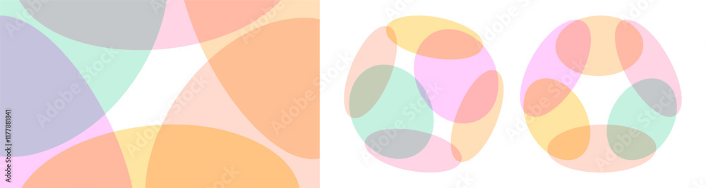 Abstract background with translucent overlapping coloured shapes. Modern design. Set of spheres ...