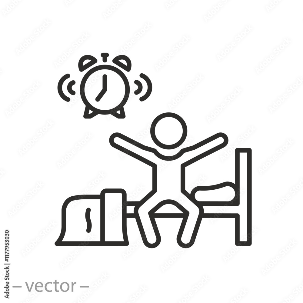 man woke up icon, person sitting on the bed, morning wake up concept ...