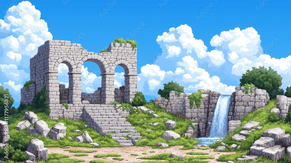 Develop a highly detailed 2D game environment with a pixelated cartoon ...