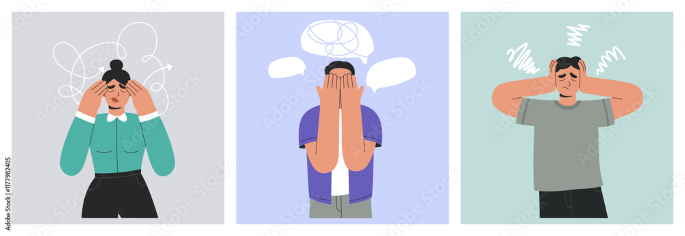 Frustrated, sad people set. Confused thoughts, mental psychological ...