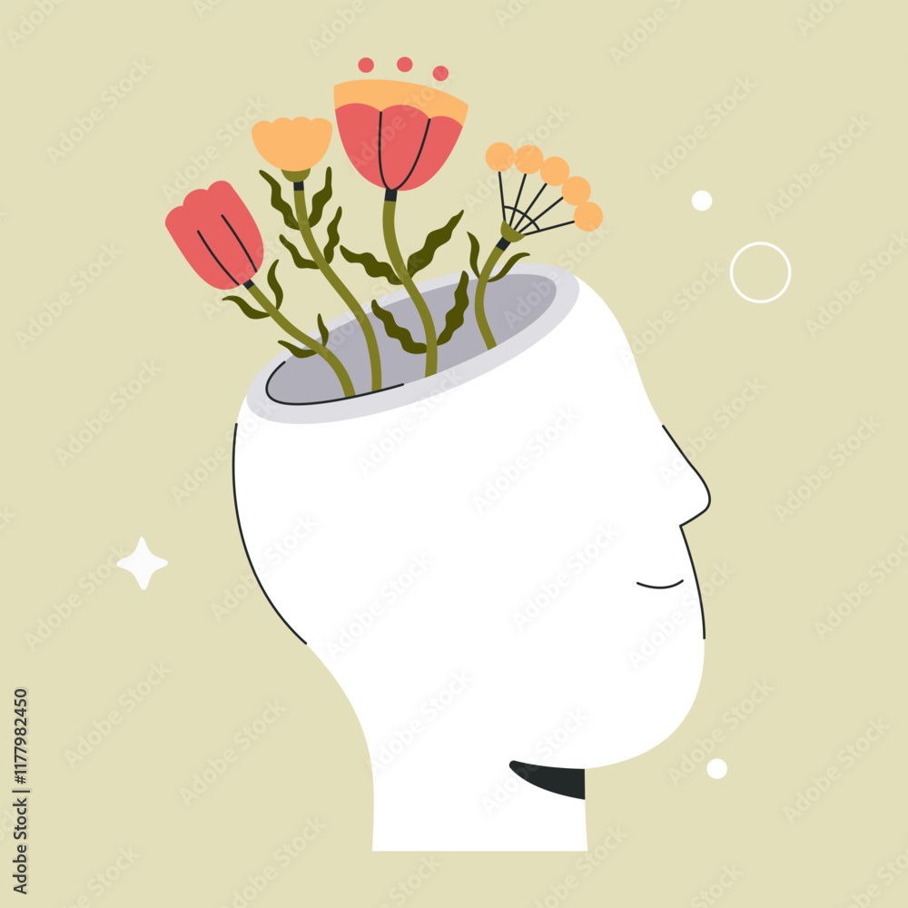 Happy smiling man’s head with blooming brain, flowers and plants inside ...