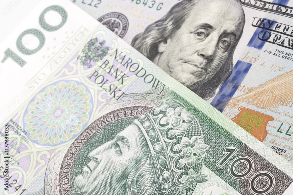 Polish 100 zloty bill and US 100 dollar bill. International trade ...