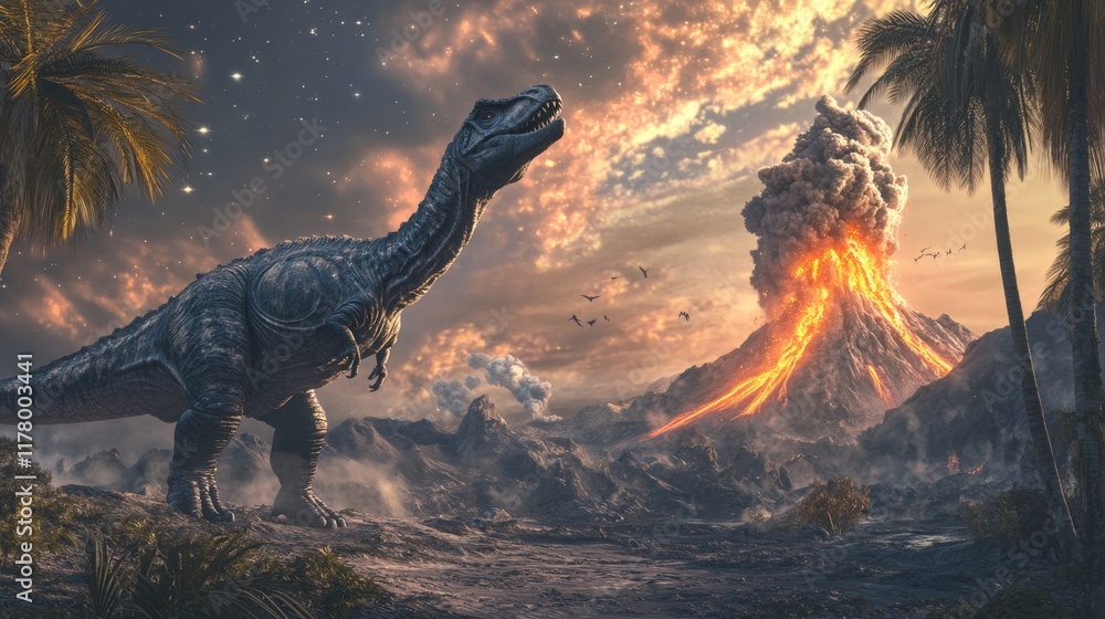 Stock-Illustration „Dinosaurs extinct with meteorite falling on Earth. Asteroid explosion in end ...