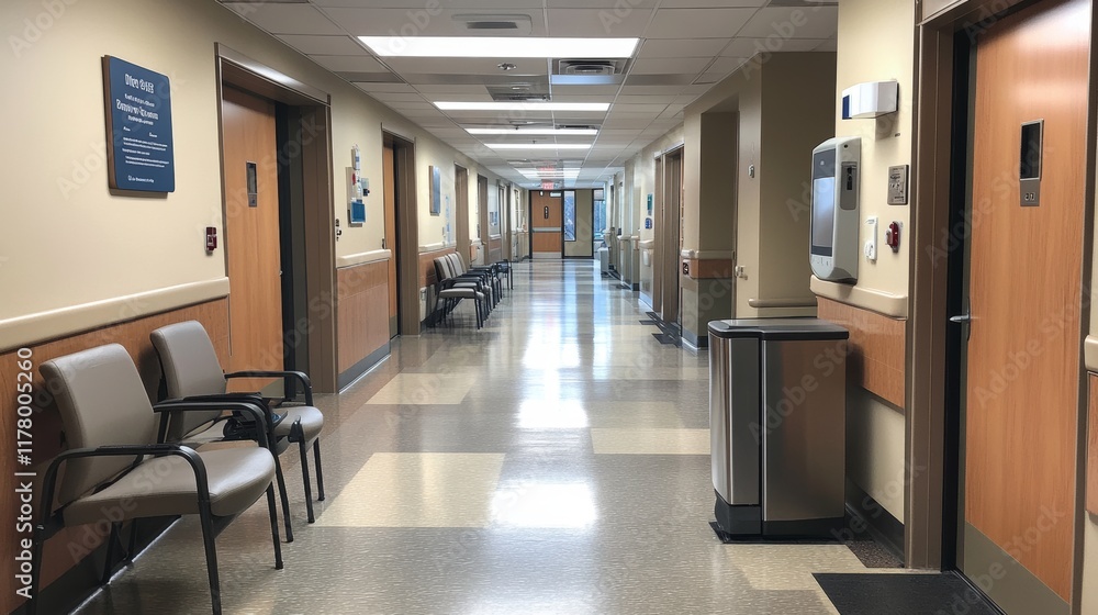 Hospital corridor interior, medical clinic hall. Vector cartoon ...