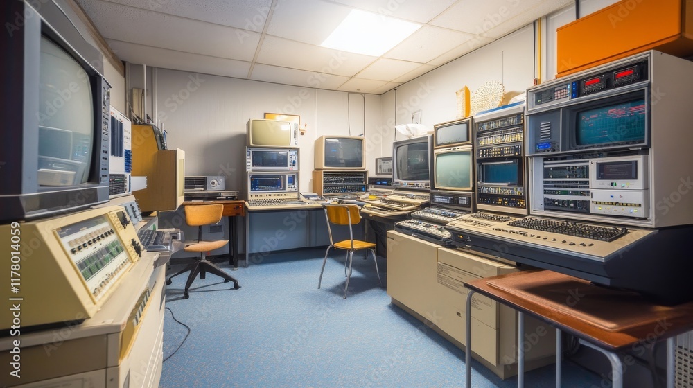 Data center room with server hardware, chair and desk with computer ...