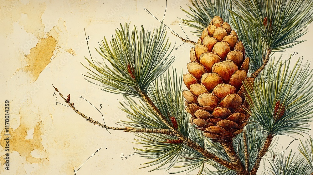 Detailed vintage botanical illustration of a pine tree, featuring ...
