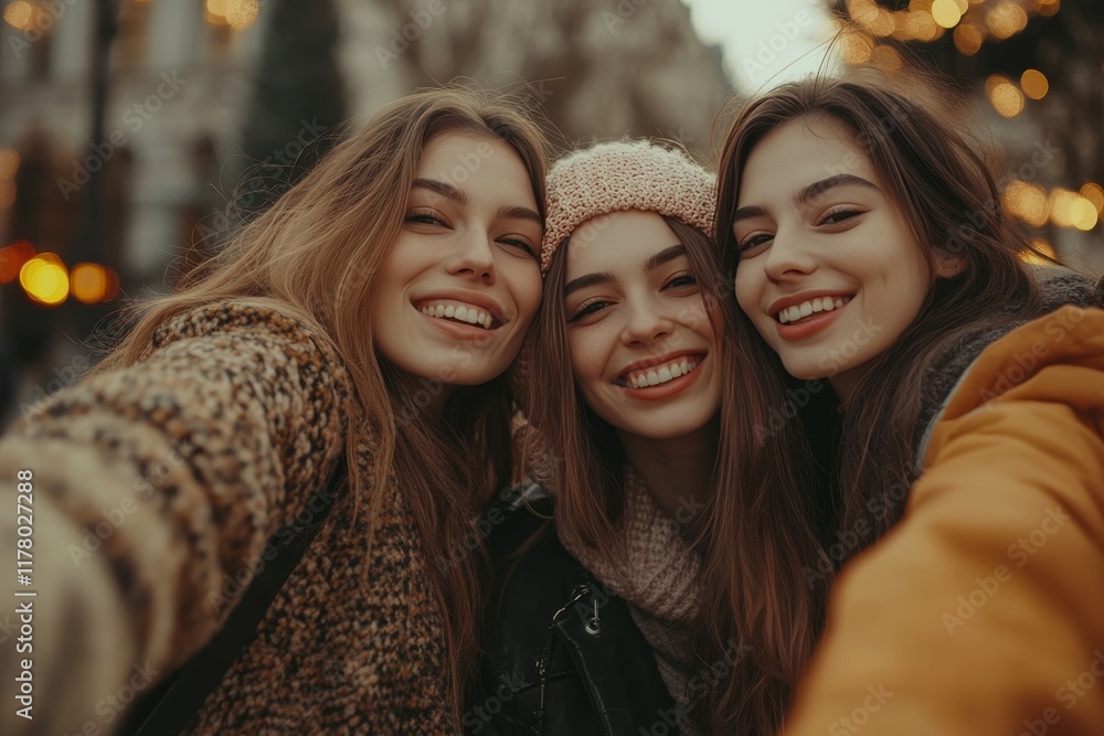 Urban selfie influencer moments with friends for social media and ...