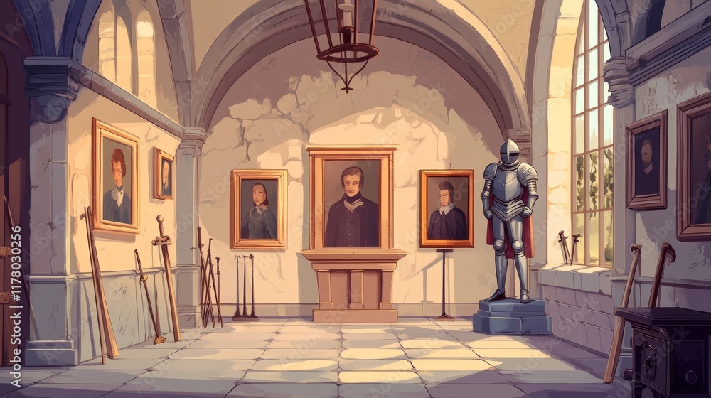 Museum exhibition room cartoon vector illustration. Palace interior ...