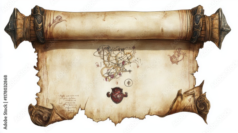 Realistic open parchment scroll isolated on transparent background. Vector illustration of old ...