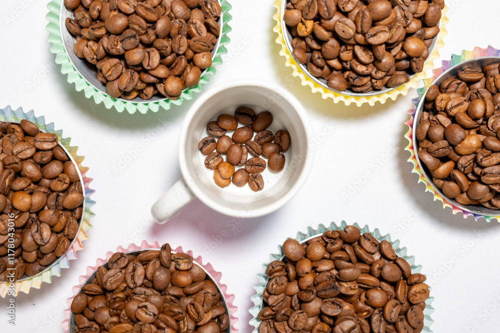 coffee beans in different corners of white canvas with different layout ...