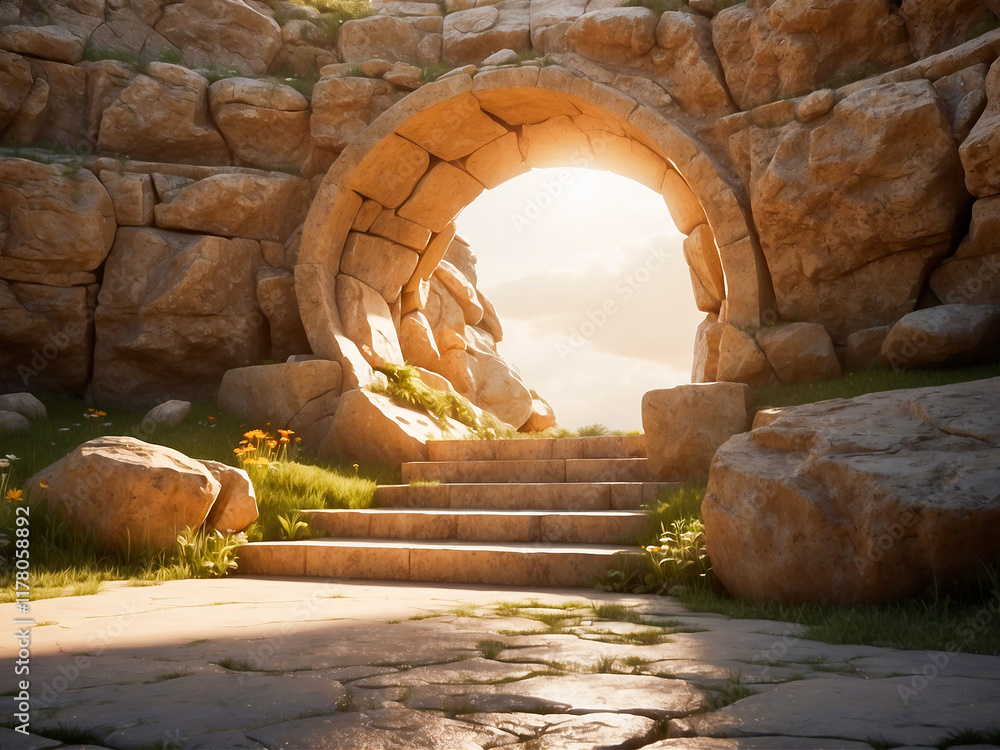 conceptual scene of the resurrection of Jesus showing the empty tomb ...