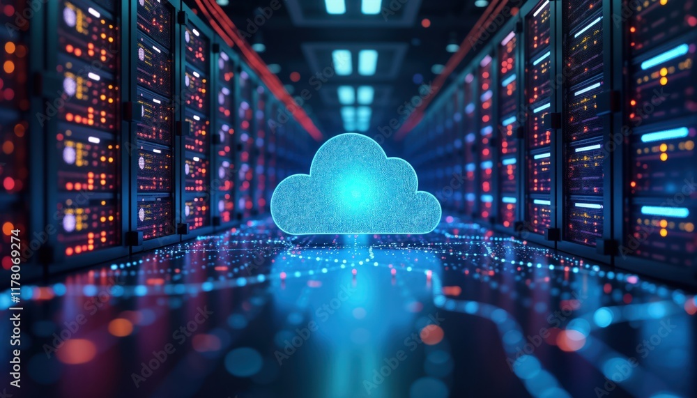 Futuristic server room displays modern digital tech. Cloud tech icon ... Futuristic server room displays modern digital tech. Cloud tech icon ...