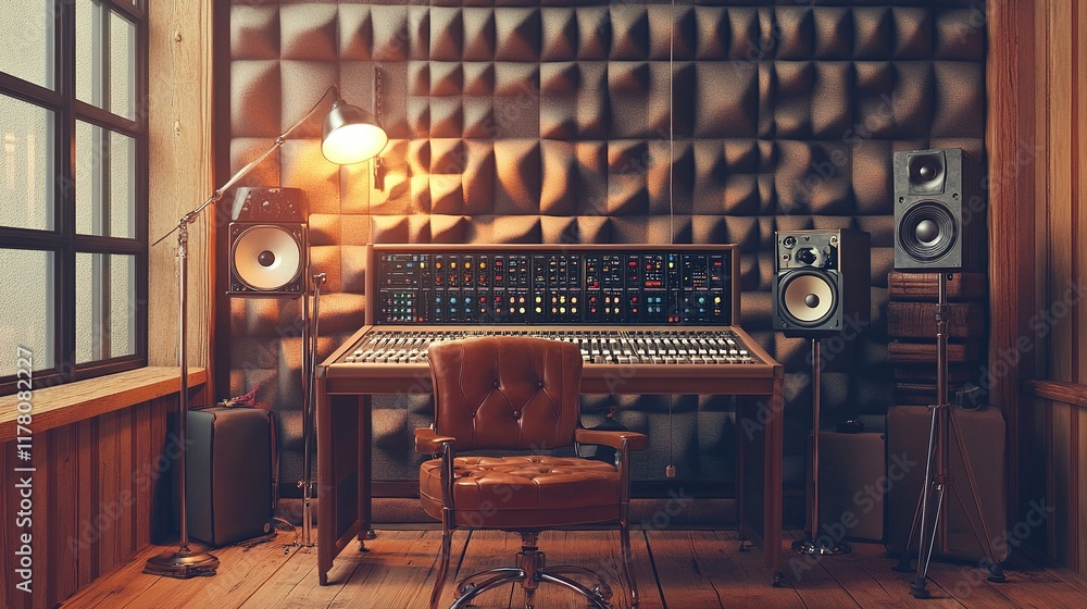 Vintage recording studio with mixing console, speakers, and acoustic ...