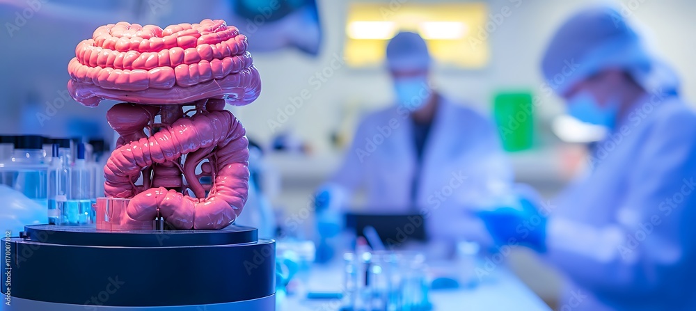 Human digestive system model in a science lab, surrounded by ...