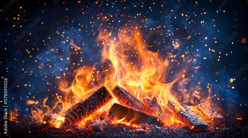 Green fire sparks overlay effect, burning flame with flying particles ...