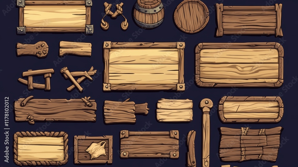 Wooden game ui design elements - buttons and boards for menu interface ...