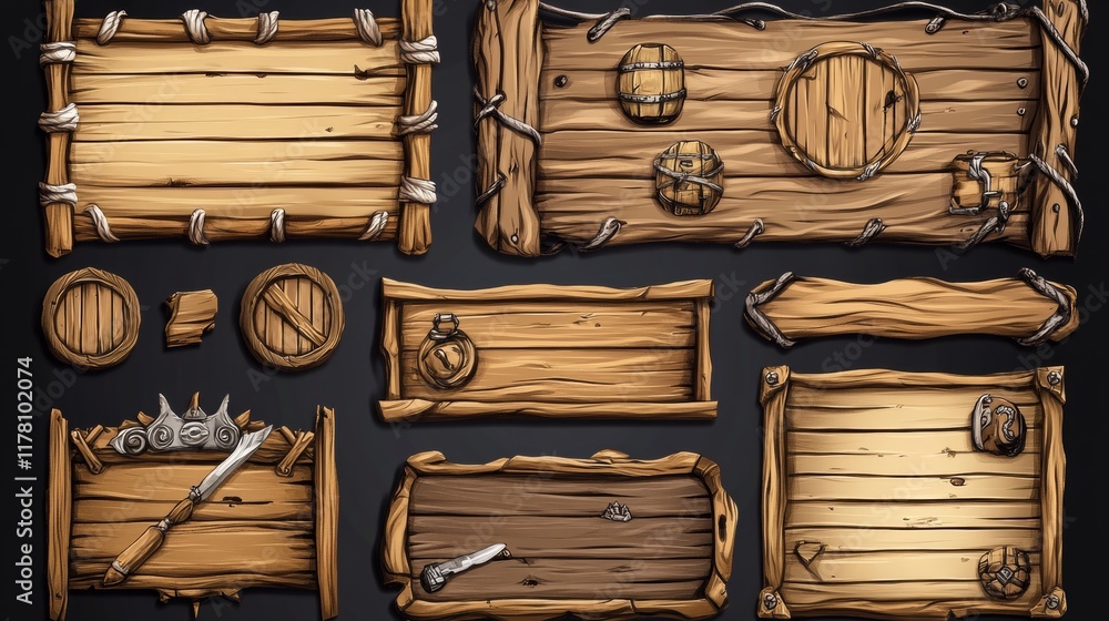 Wooden game ui design elements - buttons and boards for menu interface ...