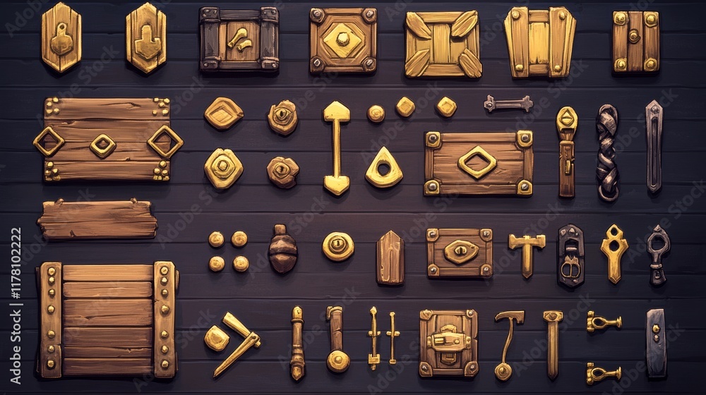 Game buttons of wooden and gold texture, cartoon menu interface ...