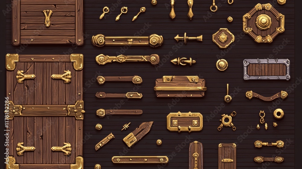 Game buttons of wooden and gold texture, cartoon menu interface ...