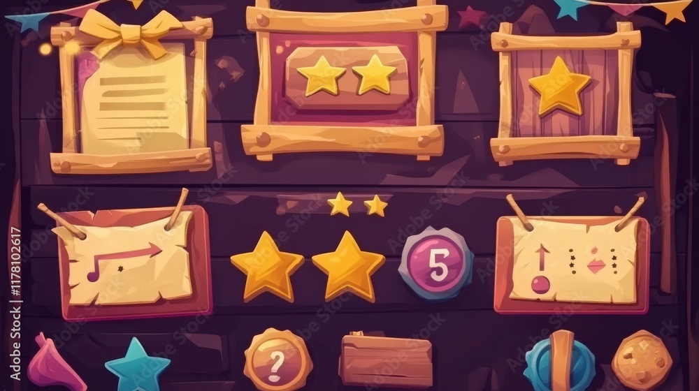 Game ui interface boards with level score, win or lose bar, golden stars and buttons. Vector ...