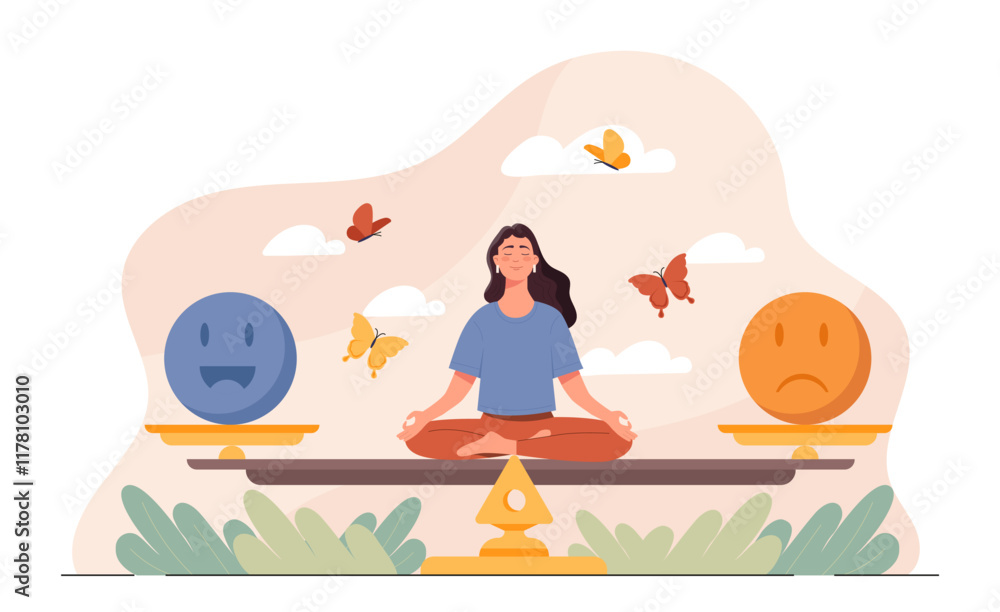 Stress control woman. Young girl sitting on scales with various emojis ...