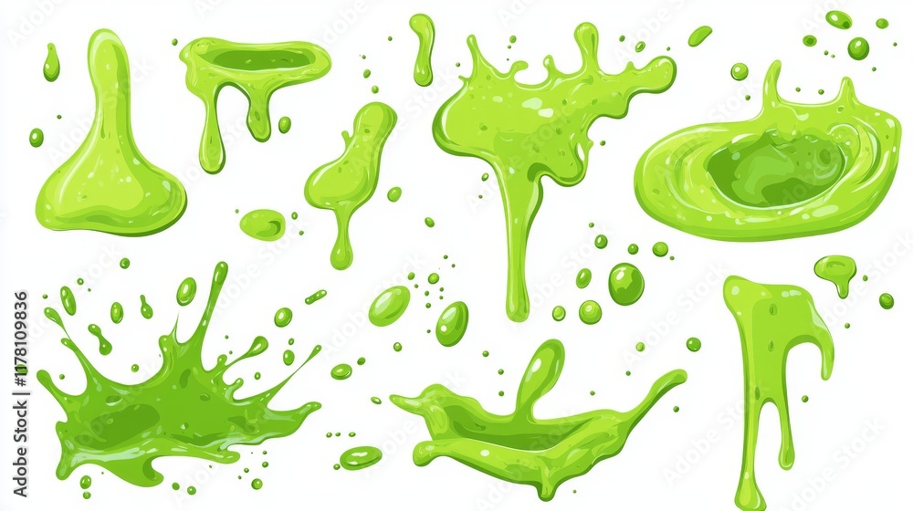 Liquid green slime splashes, border and frames from dripping poison goo ...