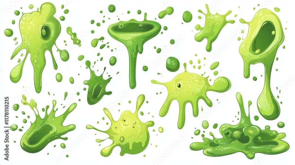 Liquid green slime splashes, border and frames from dripping poison goo ...