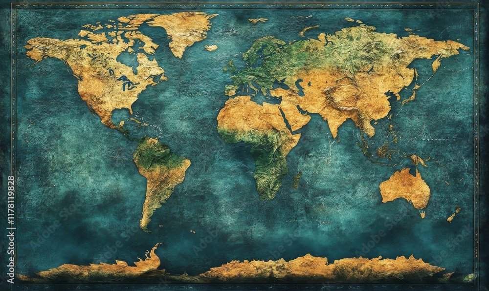 A colored world map on a blue background with continents labeled and ...