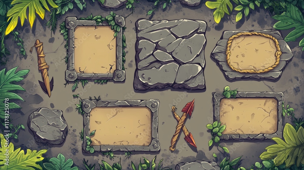 Stone game menu boards with vines, rope and leaves. Tablets, buttons, cartoon interface plaques ...